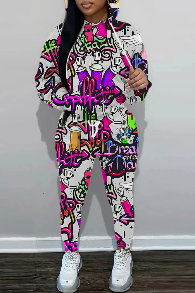 Wholesale Colorful Graffiti Print Long Sleeve Hoodie Jogger Two Piece ...