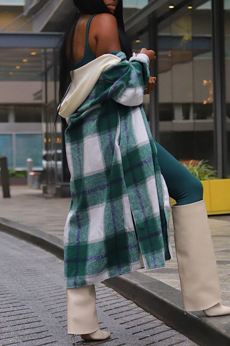 Wholesale Green Plaid Hooded Longline Shacket Casual Streetwear ...