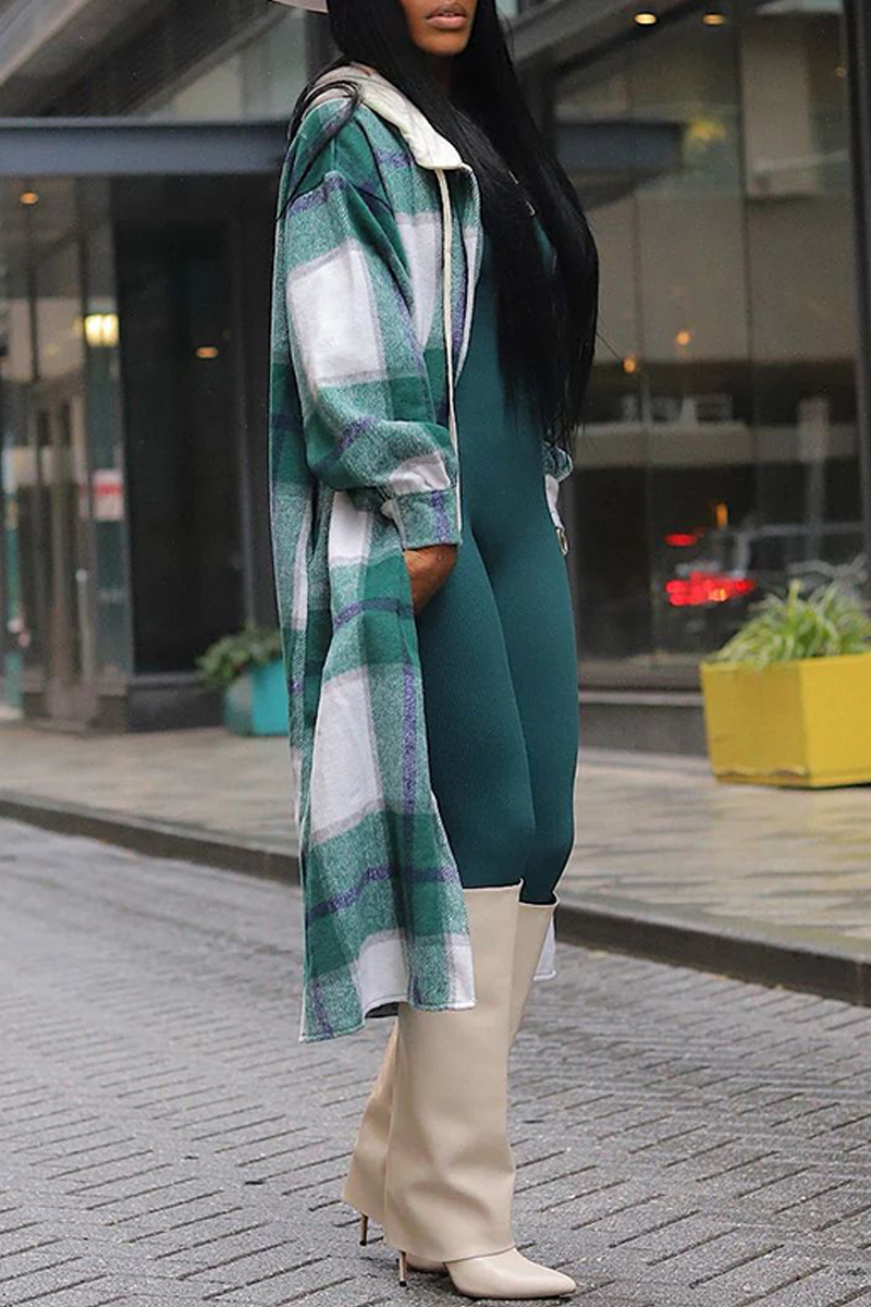 Wholesale Green Plaid Hooded Longline Shacket Casual Streetwear ...