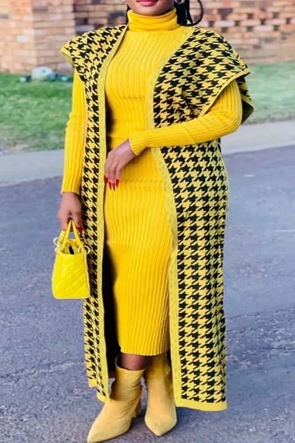 Wholesale Yellow Casual Houndstooth Print Sleeveless Jacquard Plus Size ...
