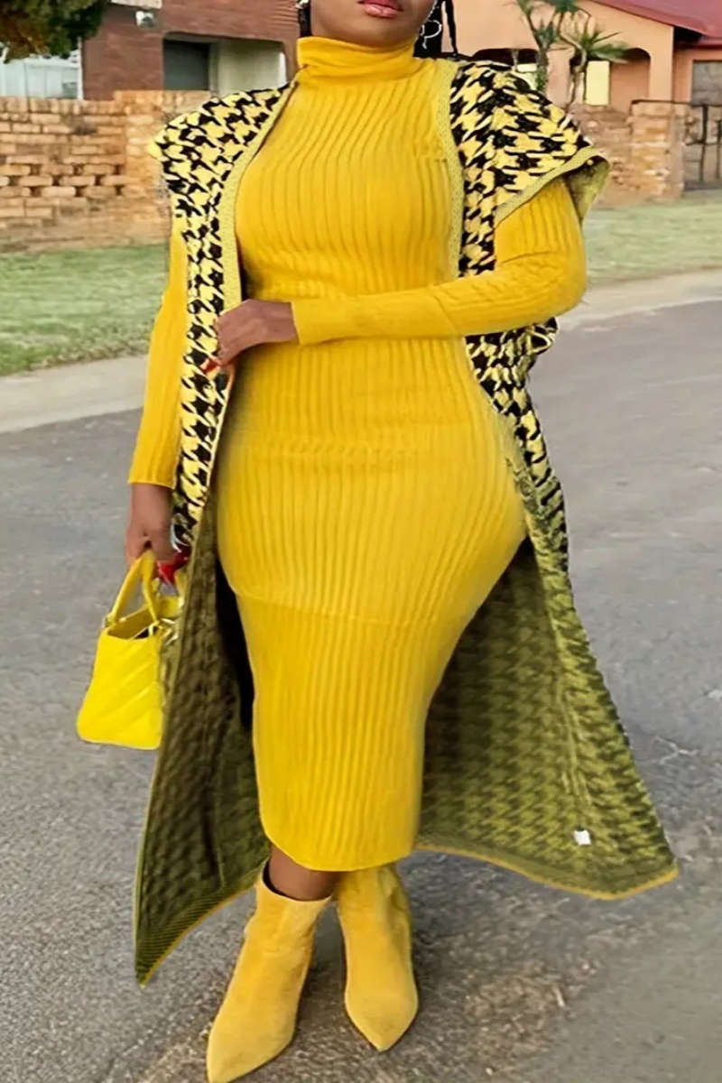 Wholesale Yellow Casual Houndstooth Print Sleeveless Jacquard Plus Size ...