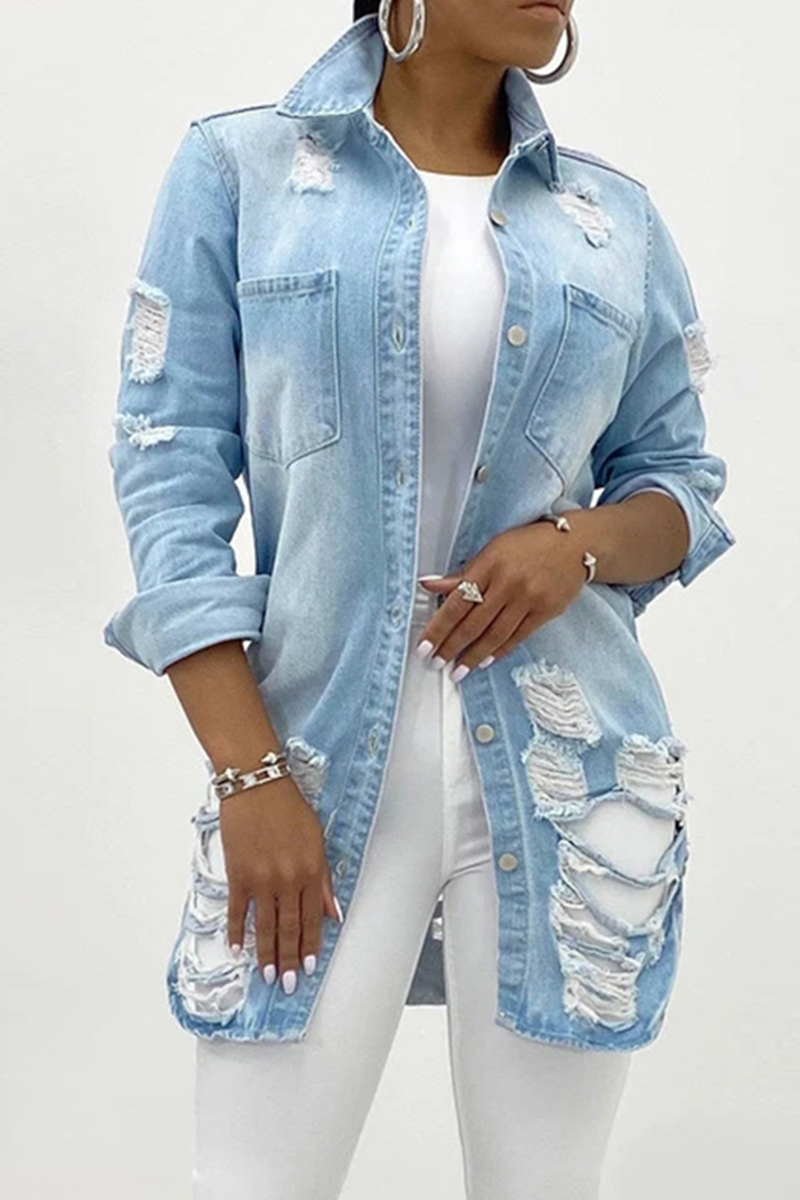 Wholesale Dark Blue Casual Turndown Collar Long Sleeve Ripped Fitted ...