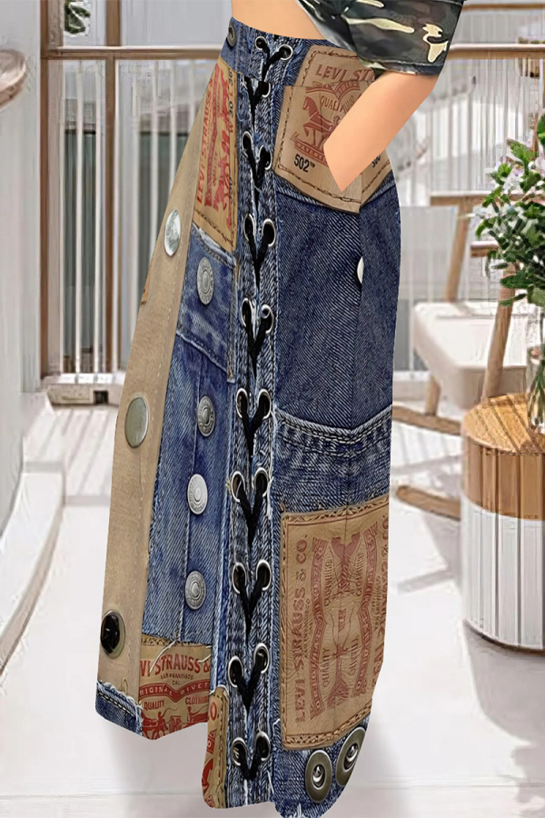 Wholesale Blue Brown Casual Faux Denim Print Pocket Contrast Loose High ...