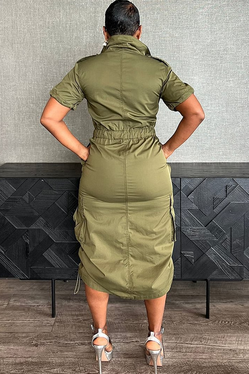 Wholesale Khaki Zipped Collar with Flap Short Sleeve Waist Tie ...
