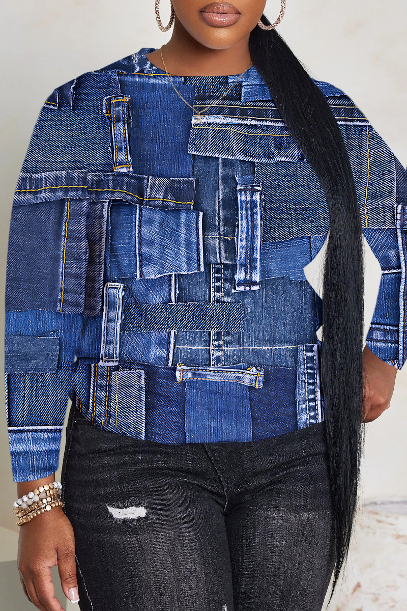 Wholesale Blue Khaki Casual Loose Faux Denim Print Round Neck Long ...