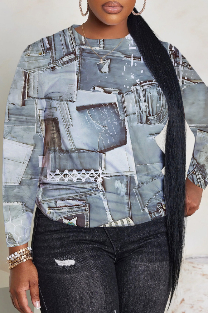 Wholesale Blue Khaki Casual Loose Faux Denim Print Round Neck Long ...