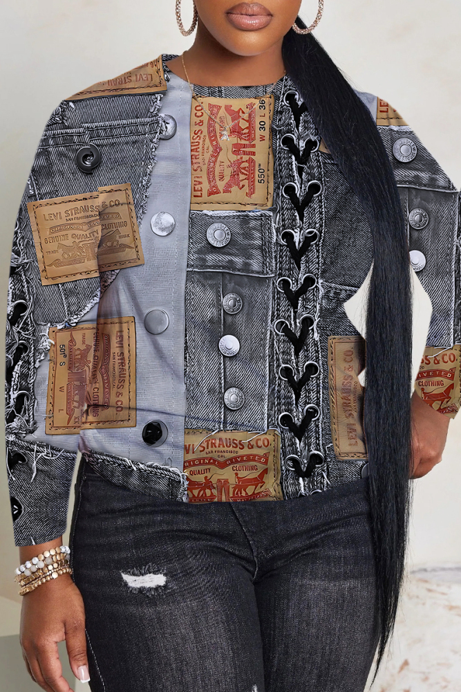 Wholesale Blue Khaki Casual Loose Faux Denim Print Round Neck Long ...