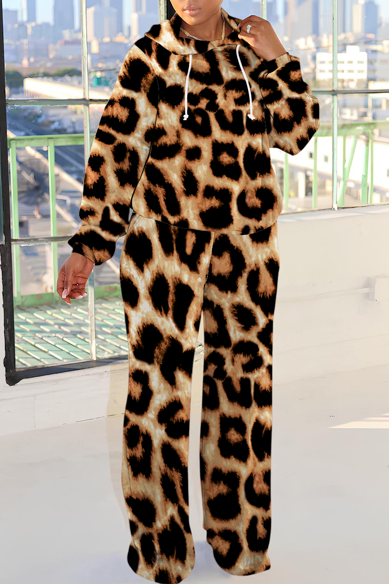 Wholesale Cyan Green Sportwear Leopard Print Hooded Long Sleeve ...