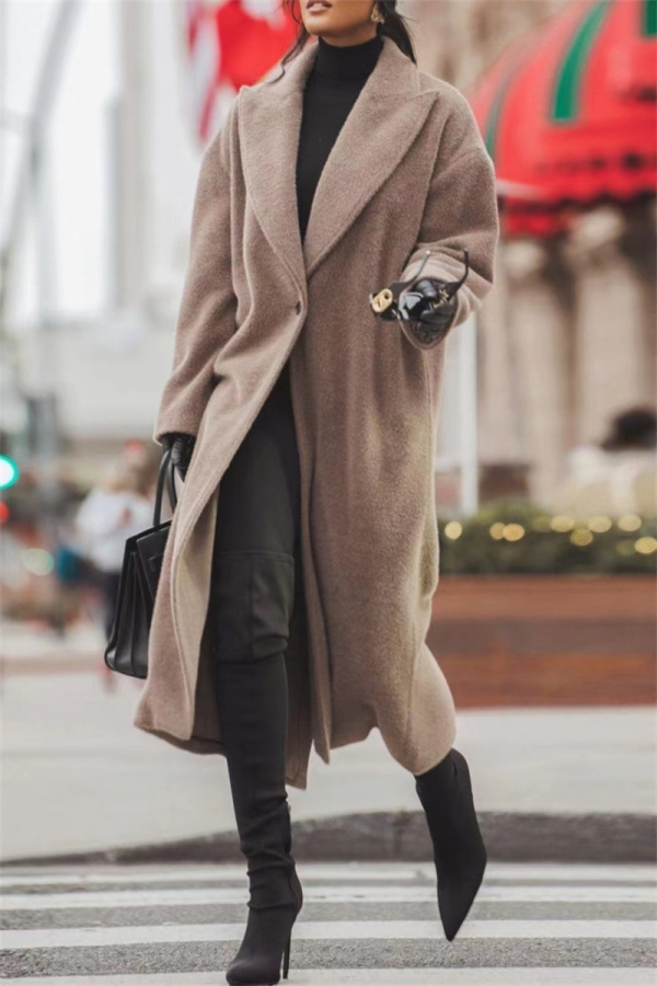 Wholesale Khaki Casual Imitated Woolen Button up Turndown Collar Long ...