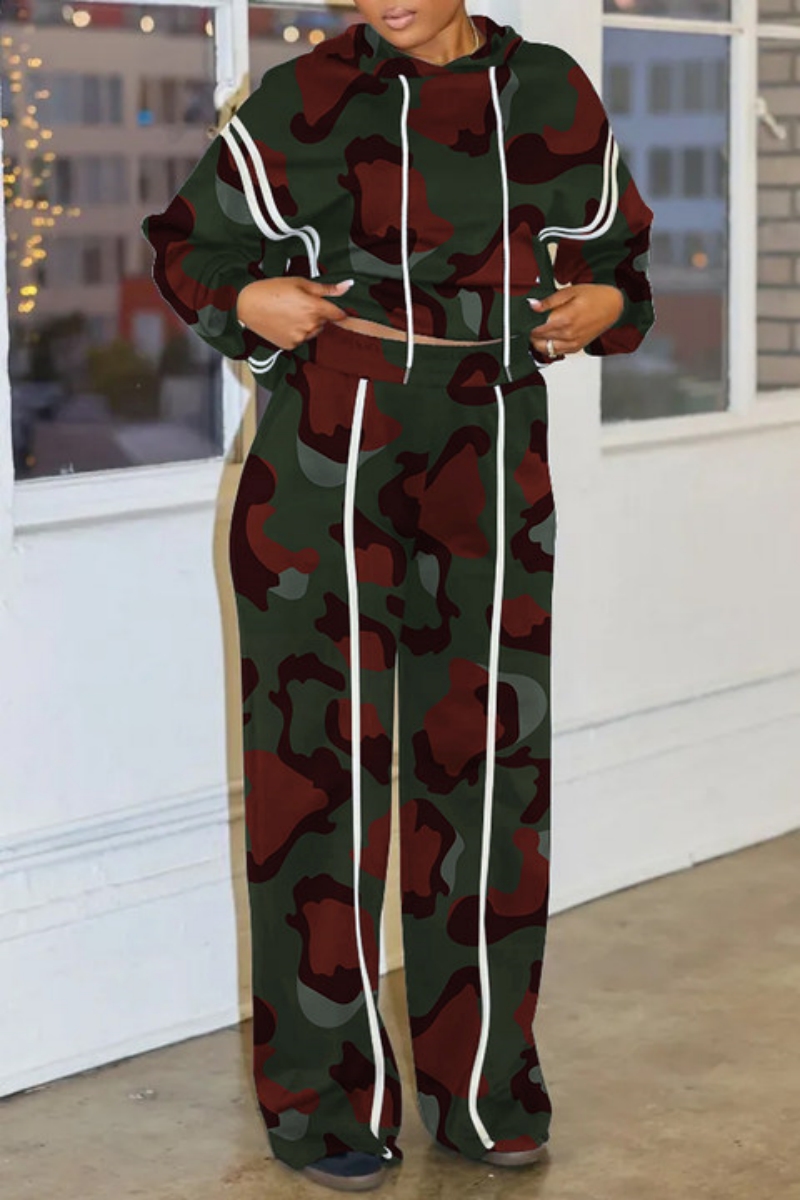 Wholesale Khaki Sportwear Casual Stripe Leopard Camouflage Print Hooded ...