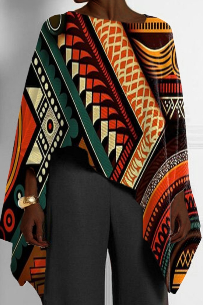 Wholesale Red Green African Pattern Print Casual Loose High Low Round ...