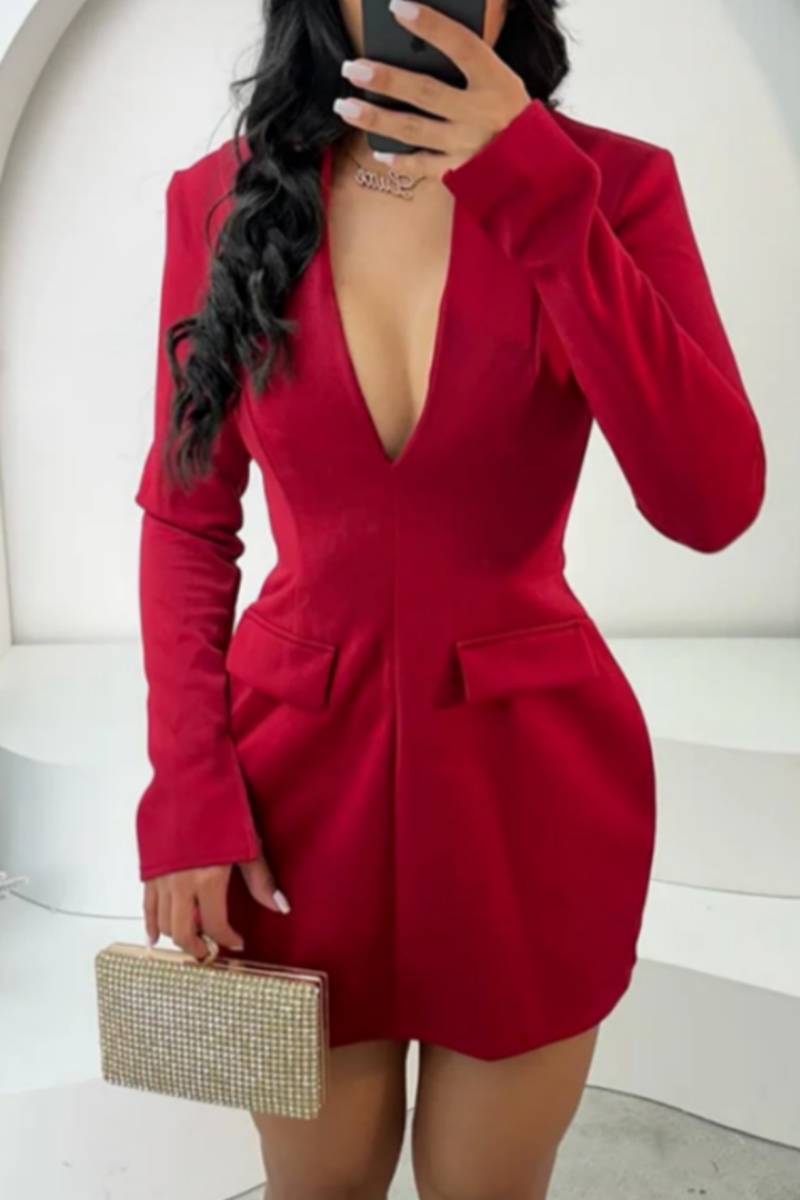 Wholesale Red Formal Office Casual Deep V Neck Long Sleeve Blazer Mini ...