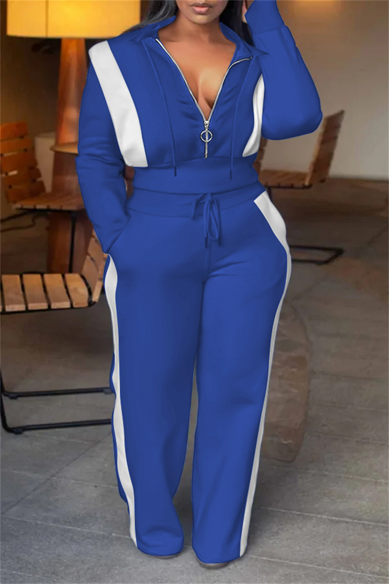 Wholesale Blue Long Sleeve Zipper Hooded Sweatshirt and Wide Leg Pants ...
