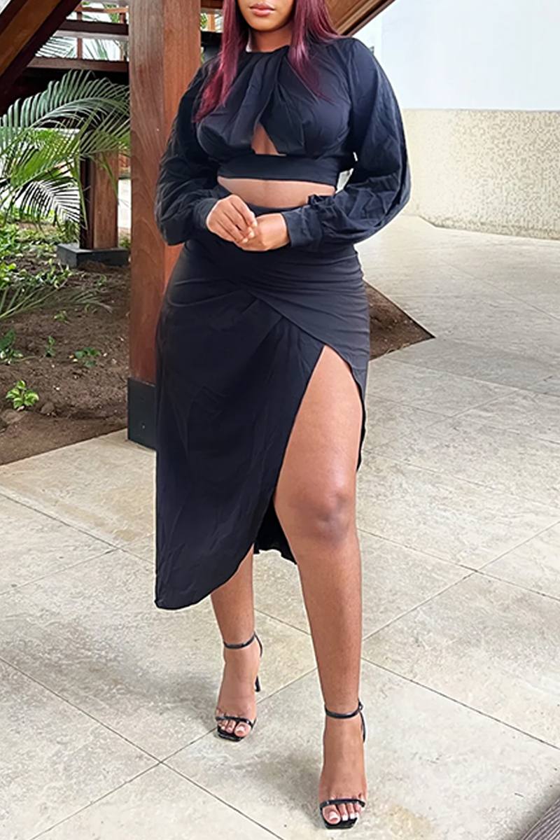 Wholesale Black O Neck Long Sleeve Cut-Out Crop Tops and Side Slit Midi ...