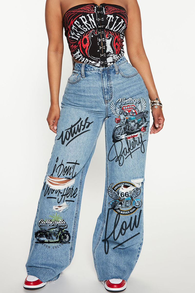 Wholesale Light Blue Graphics Letter Print Mid Waist Pocket Loose ...