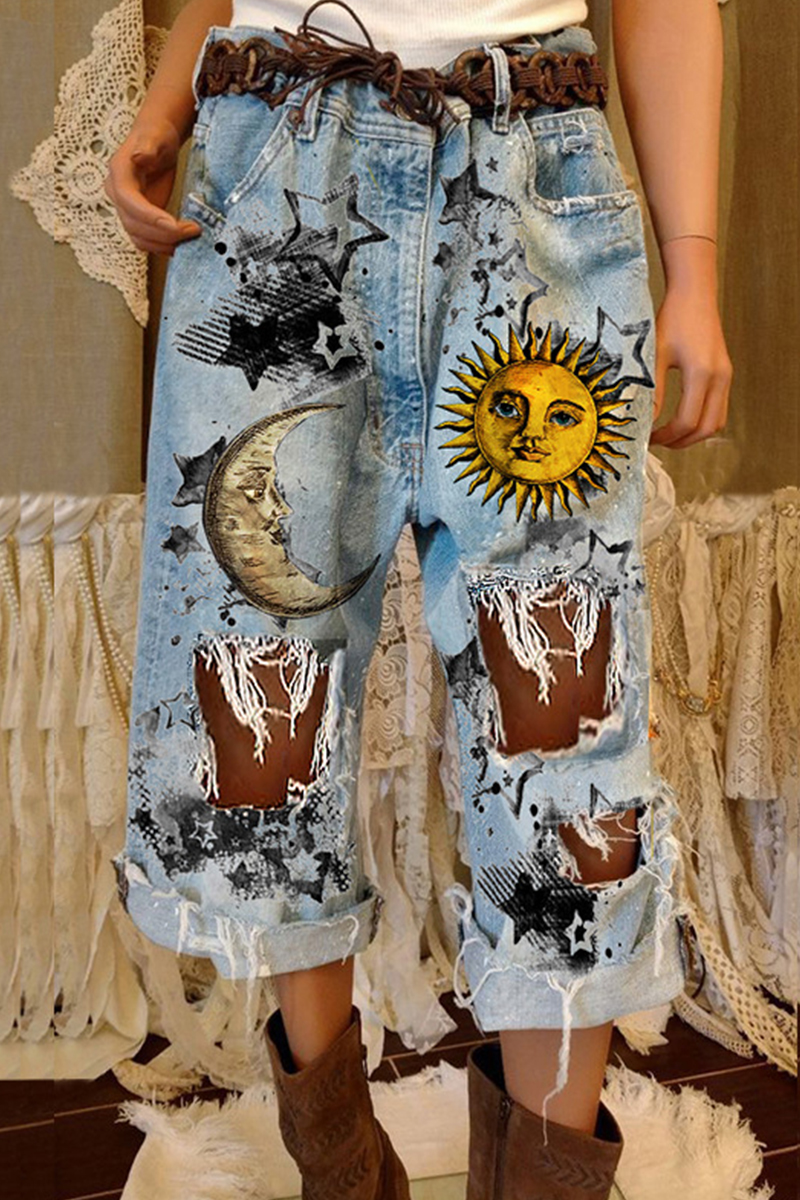 Wholesale Blue Graphics Print Pocket Strap Design Mid Waist Straight ...