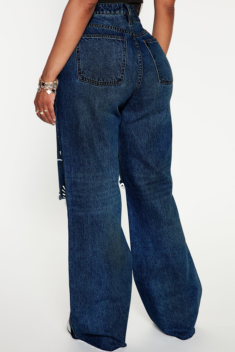 Wholesale Light Blue Graphics Letter Print Mid Waist Pocket Loose ...