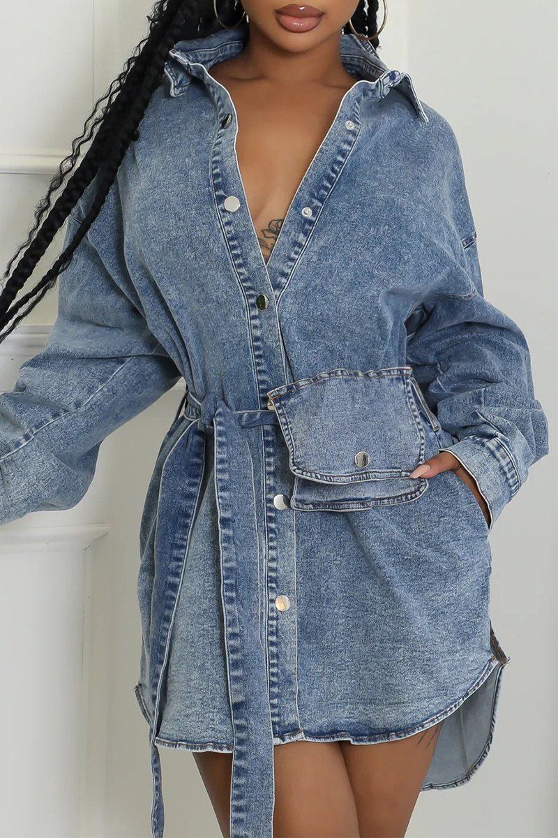 Wholesale Blue Turndown Collar Long Sleeve Casual Pocket Buckle Denim ...