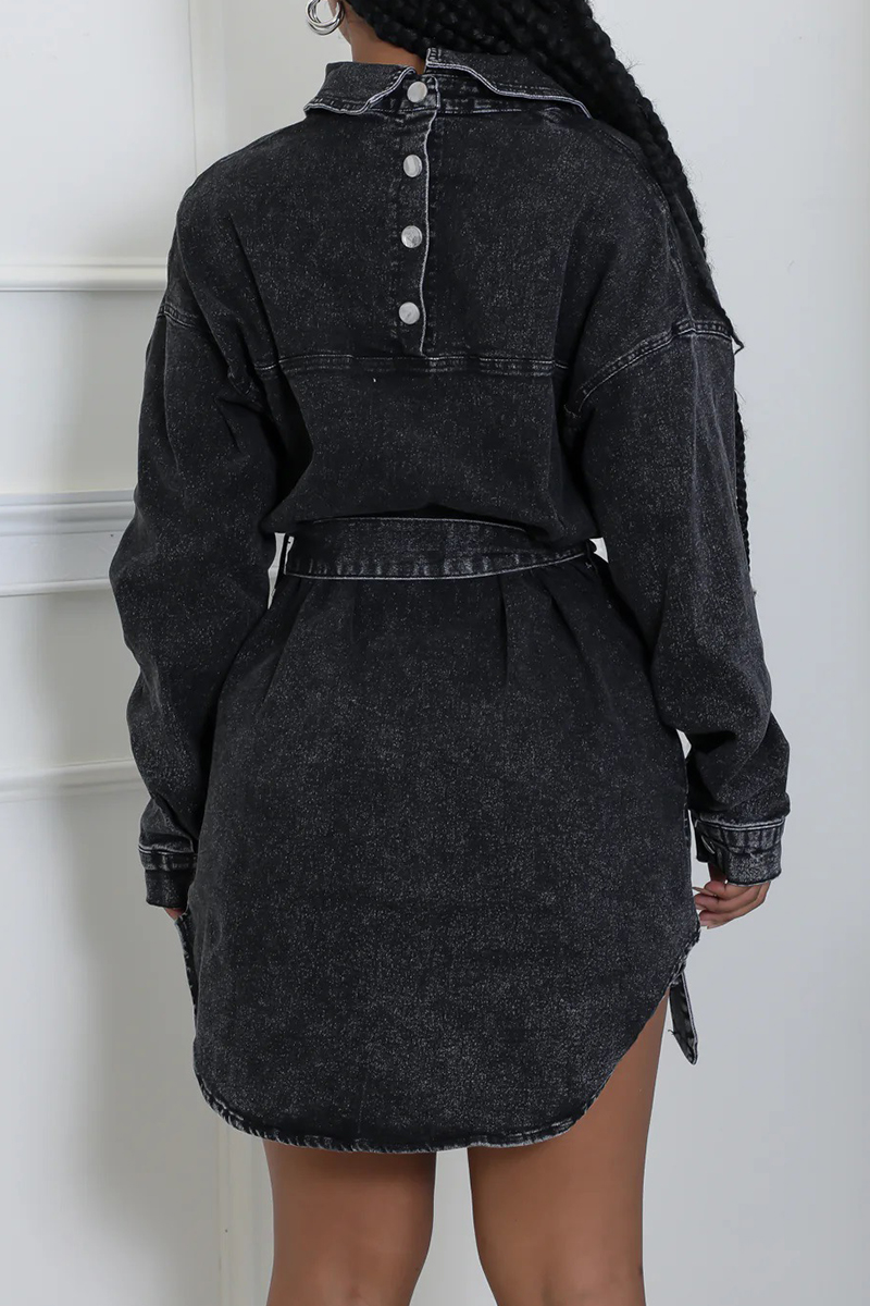 Wholesale Blue Turndown Collar Long Sleeve Casual Pocket Buckle Denim ...