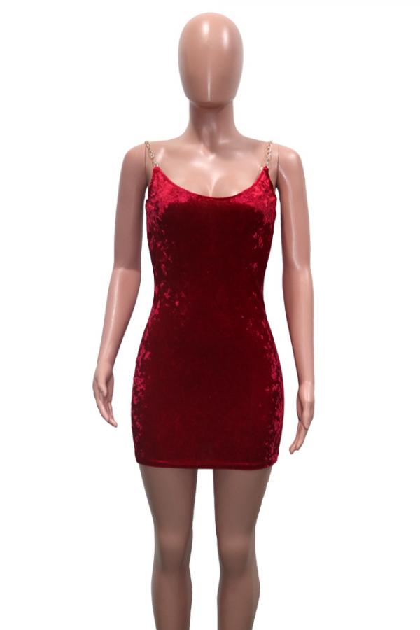 Sexy Slim Diamond Velvet Wine Red Sling Dress