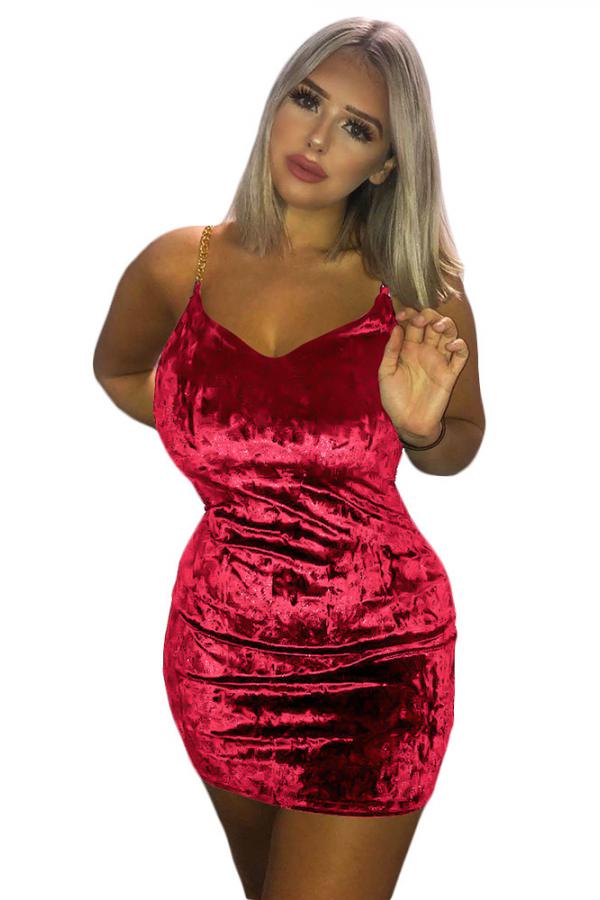 Sexy Slim Diamond Velvet Wine Red Sling Dress