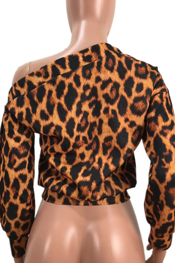 Printed Sexy Shoulder Buttoned Sleeve Leopard Sweater
