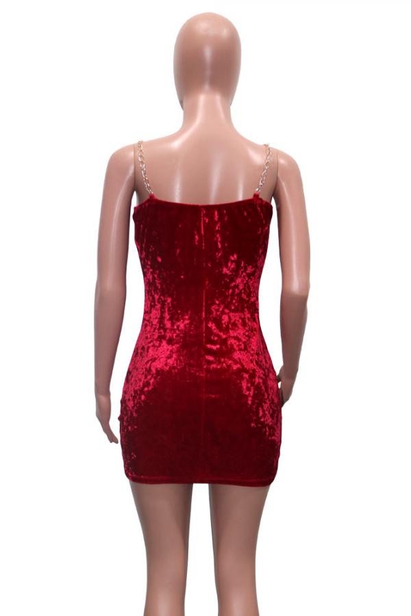 Sexy Slim Diamond Velvet Wine Red Sling Dress