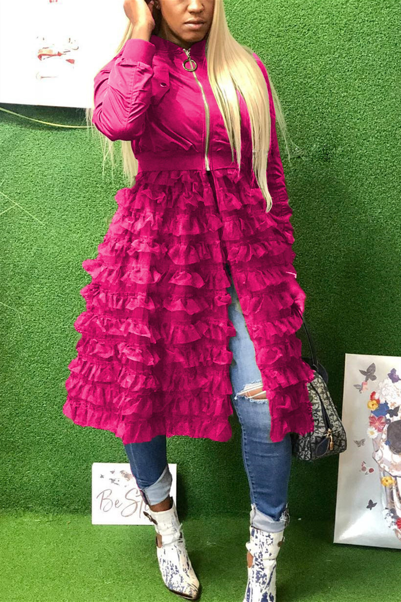 Fashion Zipper Rose Red Long Coat
