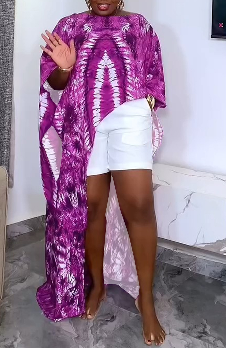 Wholesale Purple Tie Dye Boat Neck Batwing Sleeve High-Low Hem Vacation ...