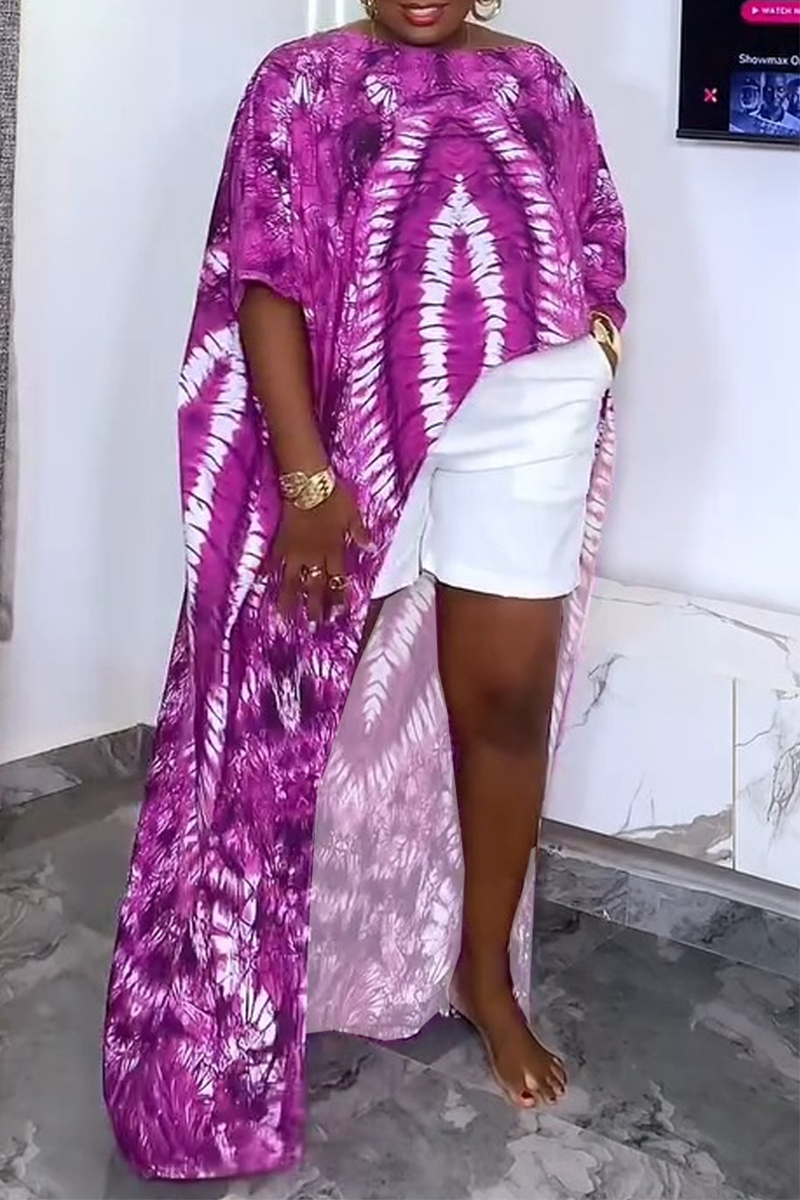 Wholesale Purple Tie Dye Boat Neck Batwing Sleeve High-Low Hem Vacation ...