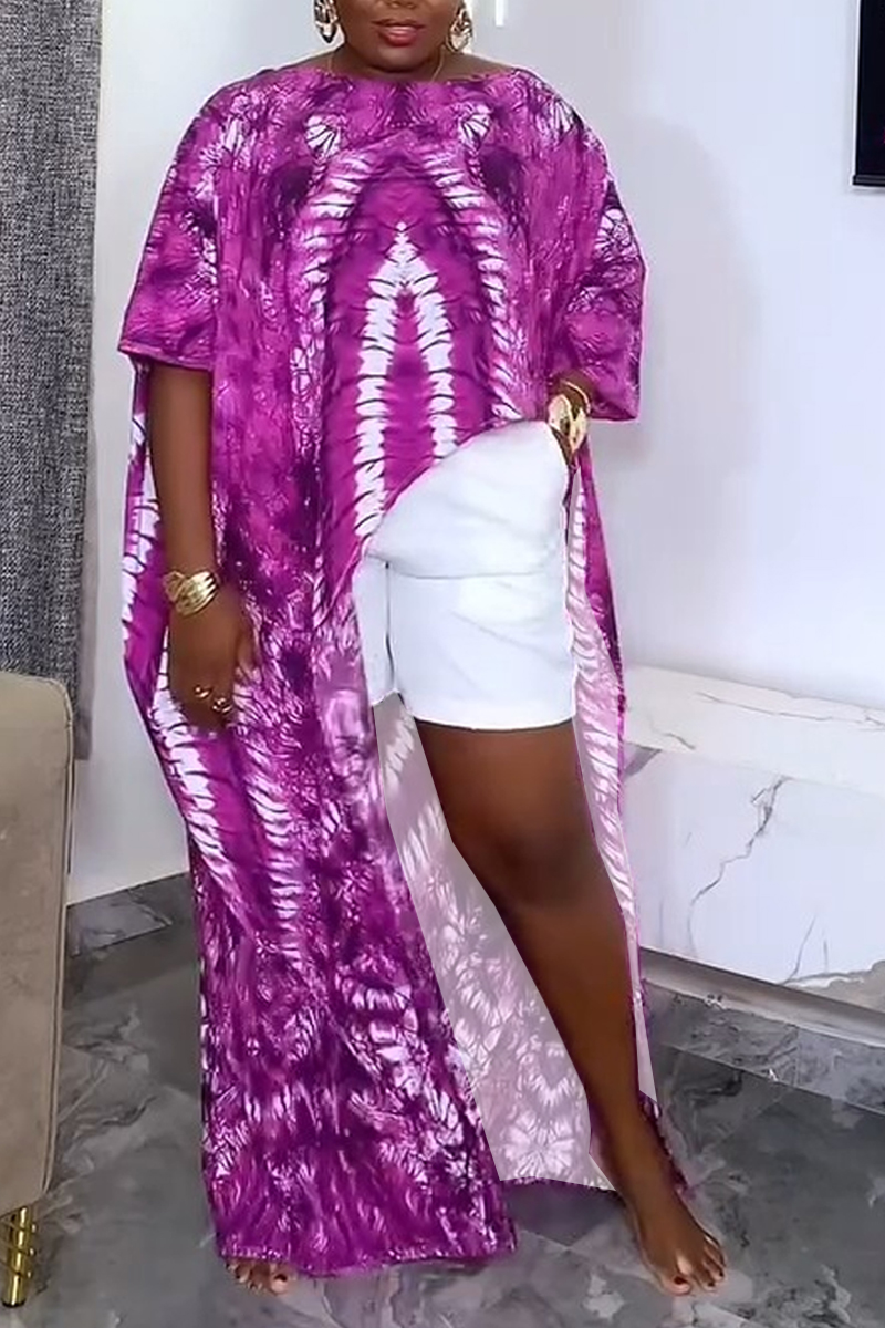 Wholesale Purple Tie Dye Boat Neck Batwing Sleeve High-Low Hem Vacation ...