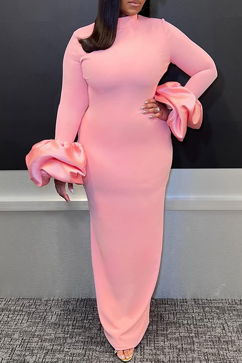 Wholesale Pink Turtleneck Petal Sleeve Formal Evening Party Prom ...