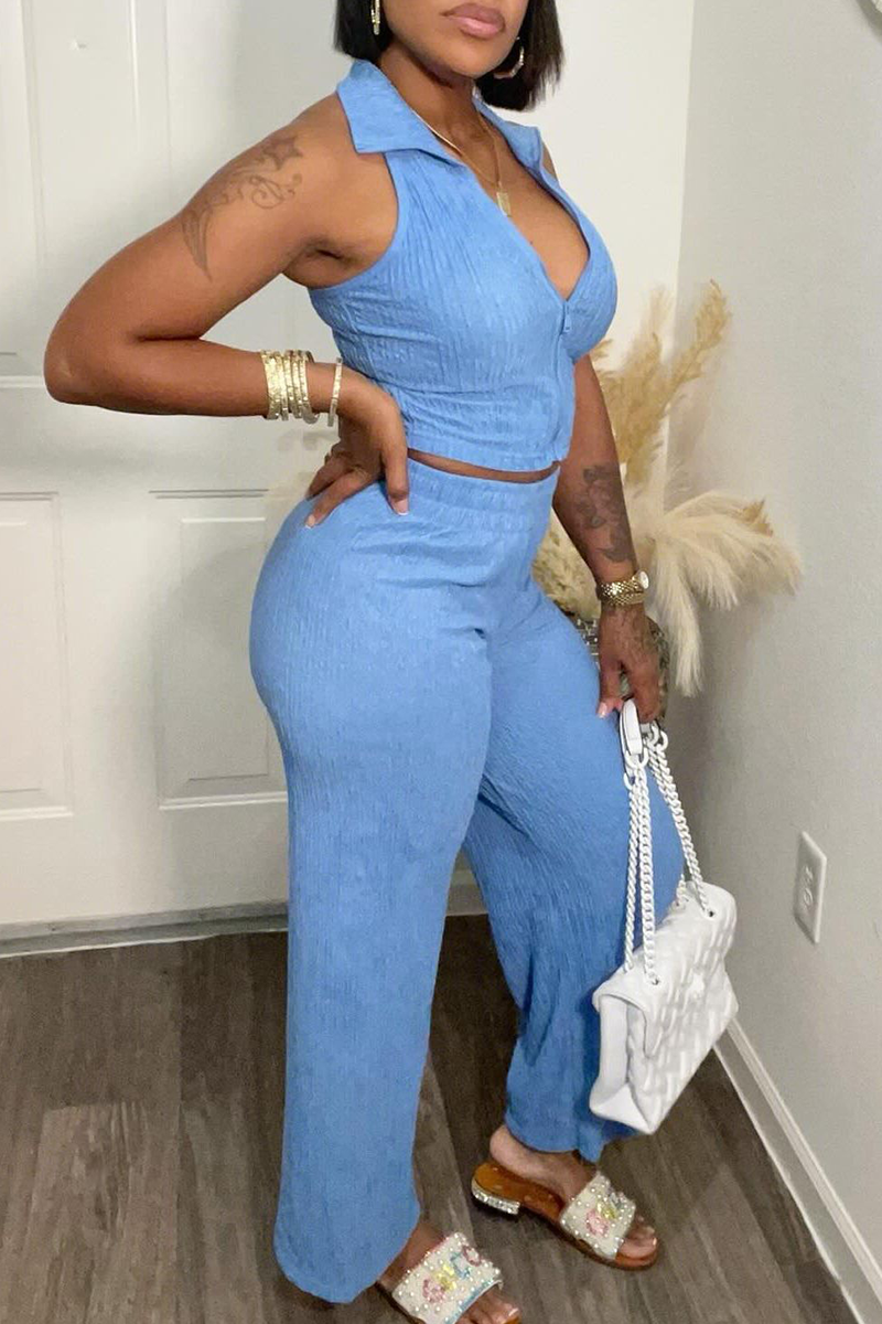 Wholesale Blue Zipper Turndown Collar Sleeveless Crop Tops And Wide Leg ...