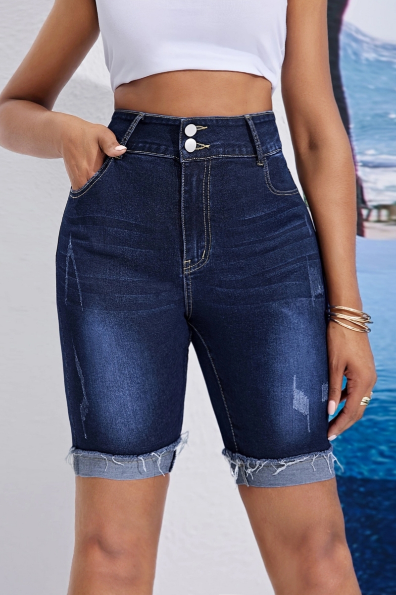Wholesale Dark Blue High Waist Buttons Casual Distressed Denim Shorts ...