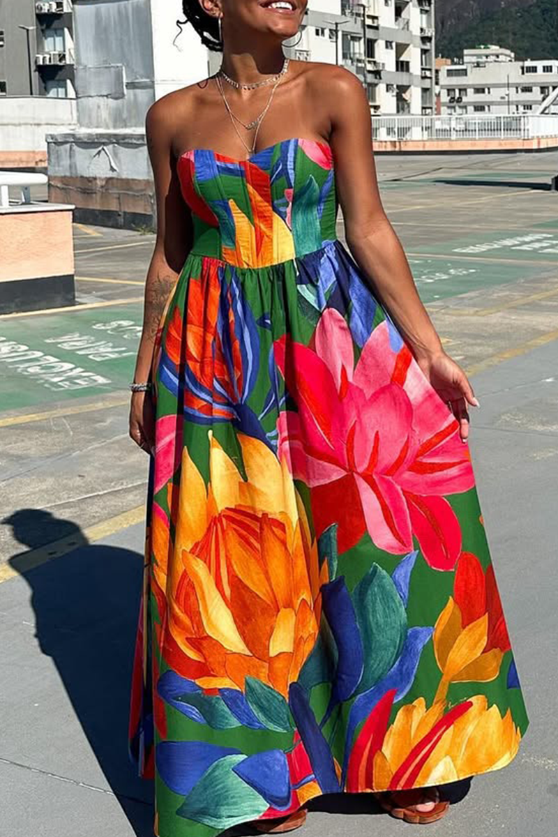 Wholesale Color Floral Print Sleeveless Strapless A-line Fitted ...