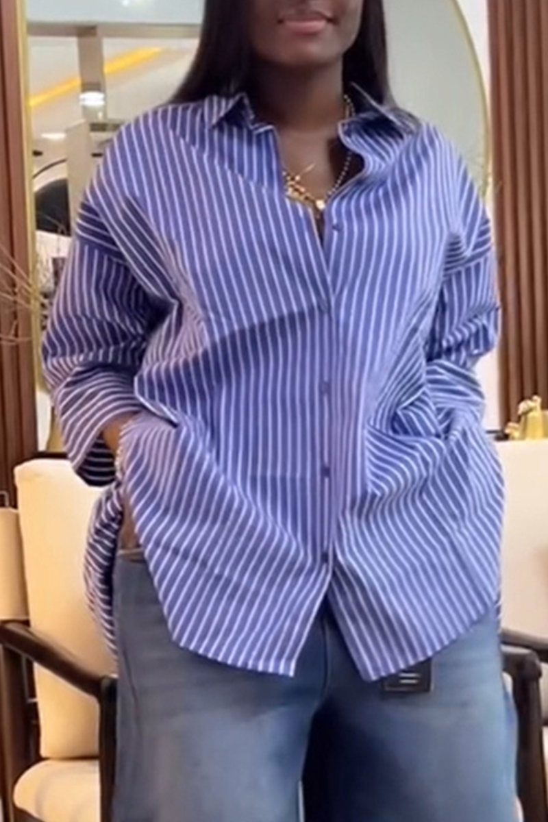 Wholesale Casual Stripe Buckle Shirt Collar Tops K134902 Online