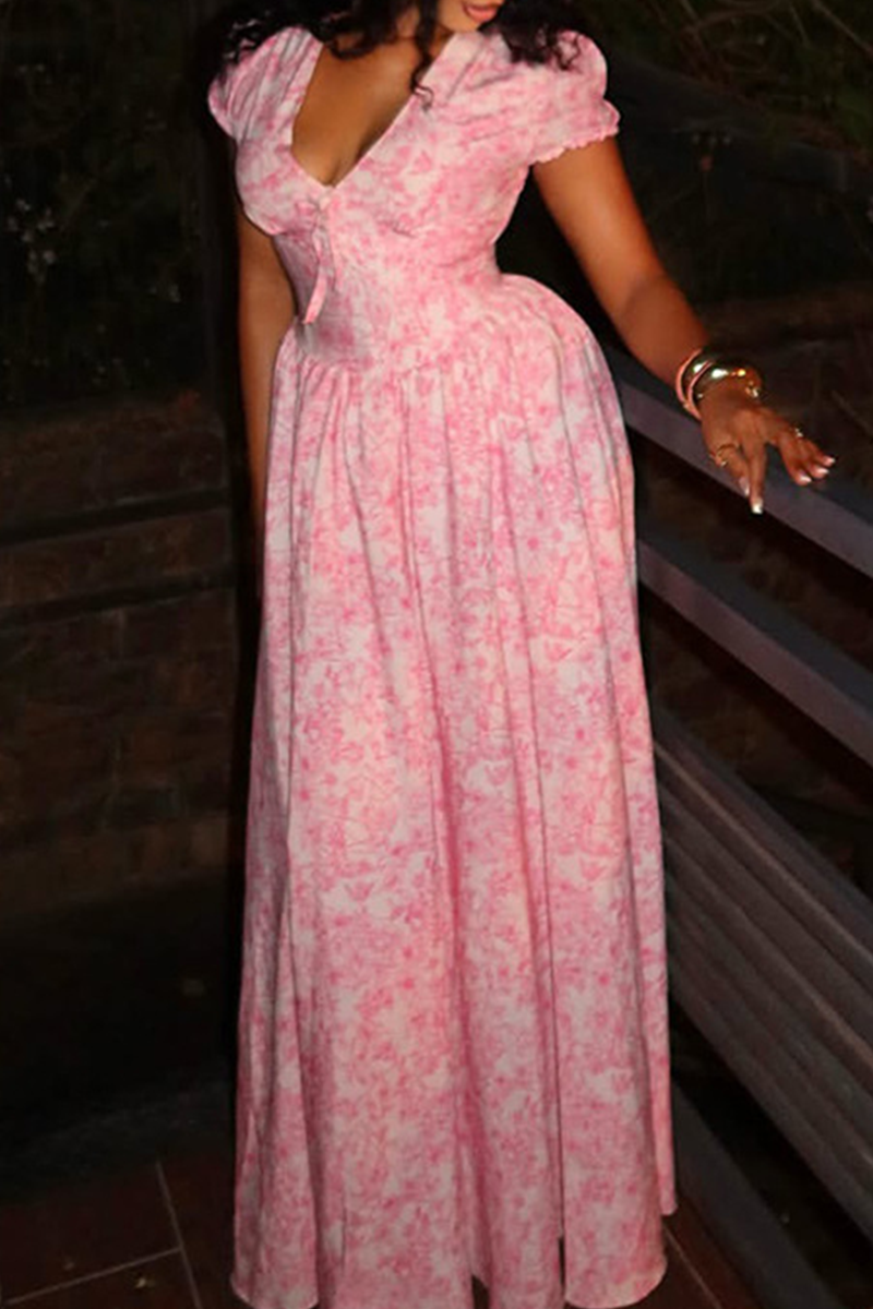 Wholesale Elegant Print Strap Design V Neck Long Dresses K135316 Online