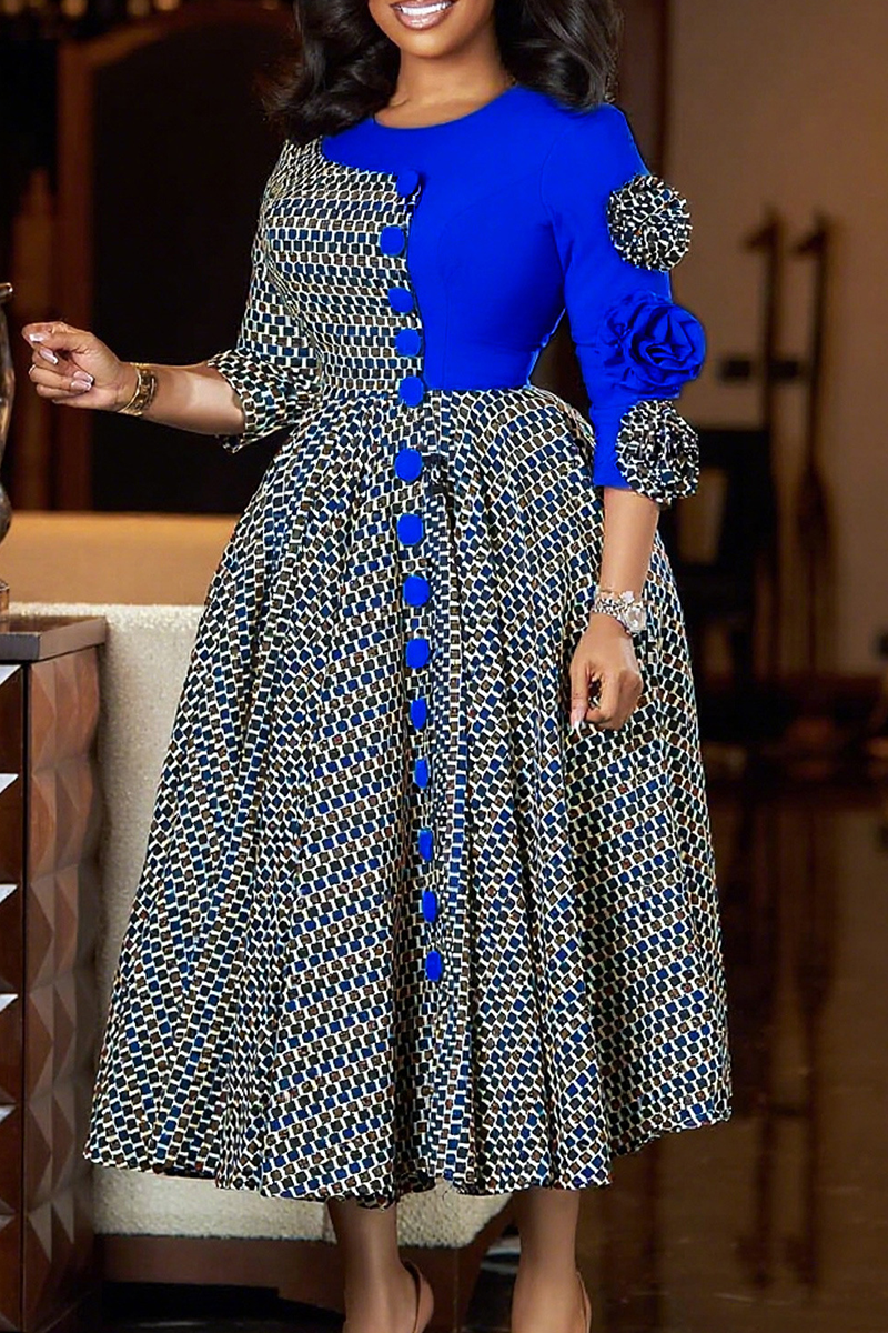 Wholesale Elegant Plaid Contrast Flower Shape O Neck Long Dresses ...