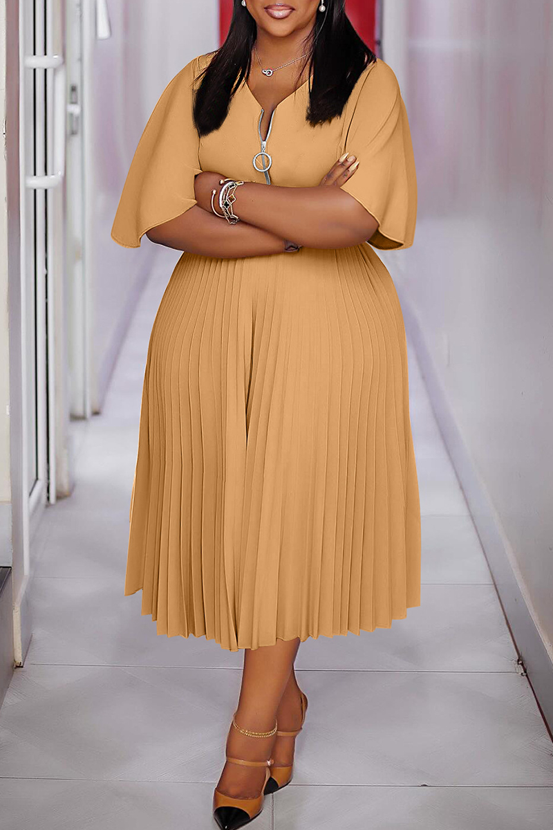 Wholesale Elegant Solid Color Zipper Pleated V Neck Long Plus Size ...