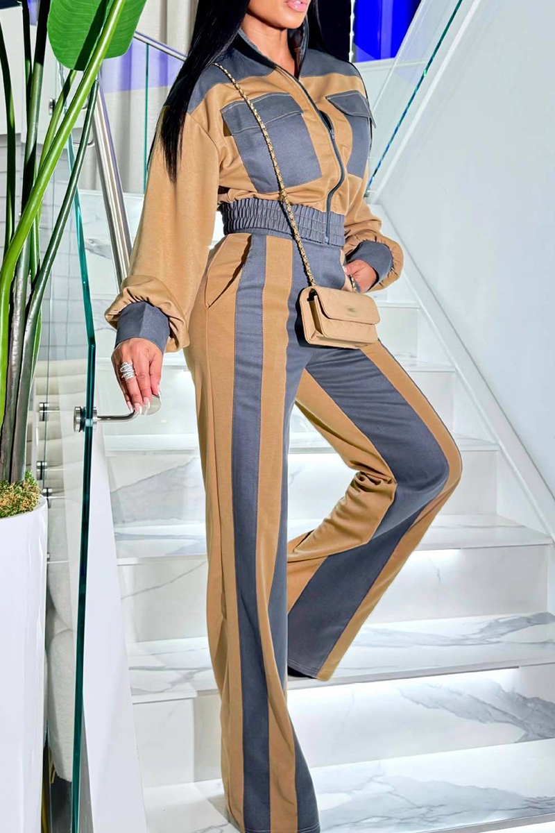 Wholesale Casual Solid Color Contrast Zipper Collar Long Sleeve Two ...