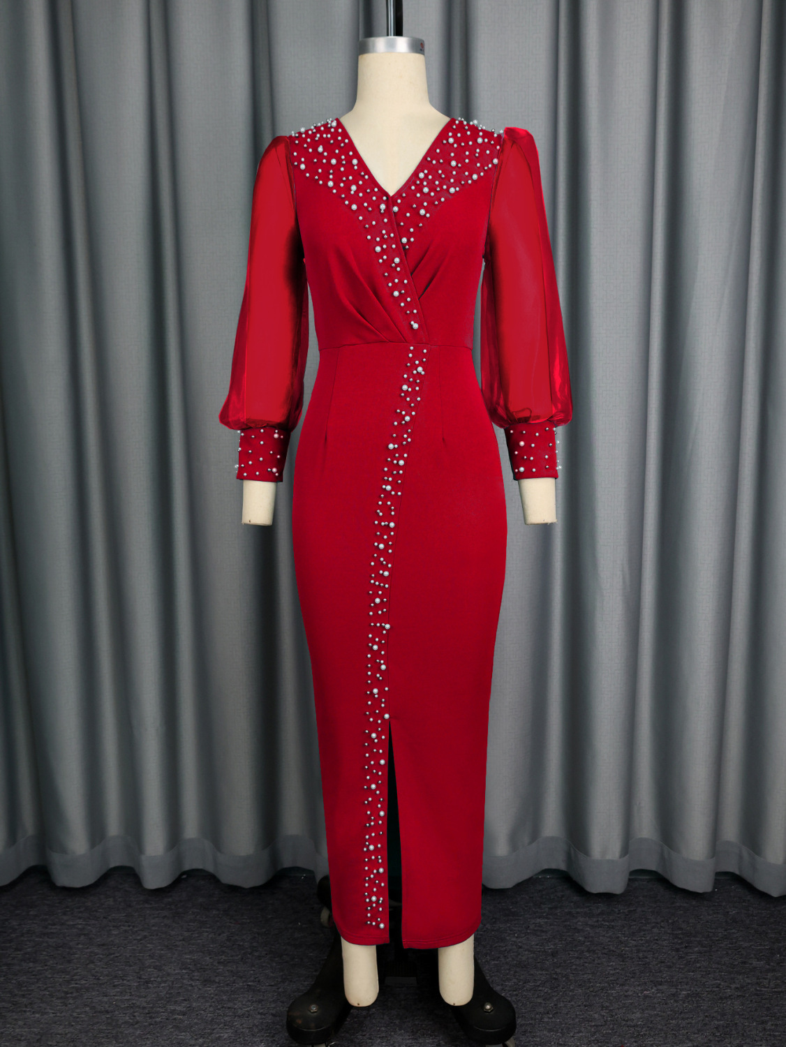 US$ 36.49 - Red Sexy Party Formal Prom Office lady Solid Color Mesh V ...