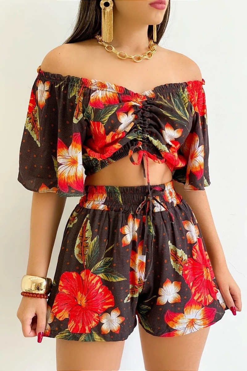 Wholesale Casual Print Frenulum Off the Shoulder Short Sleeve Two ...