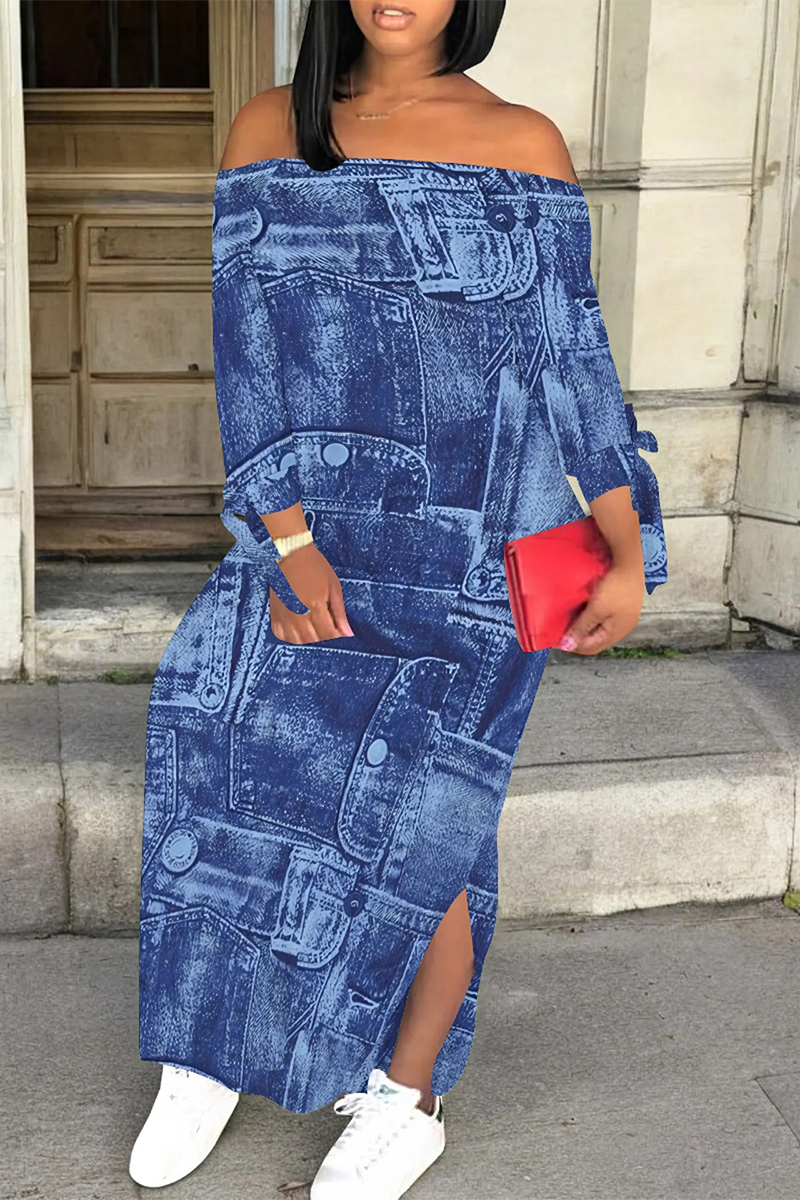 Wholesale Casual Street Faux Denim Print Lace Up Slit Contrast Off ...